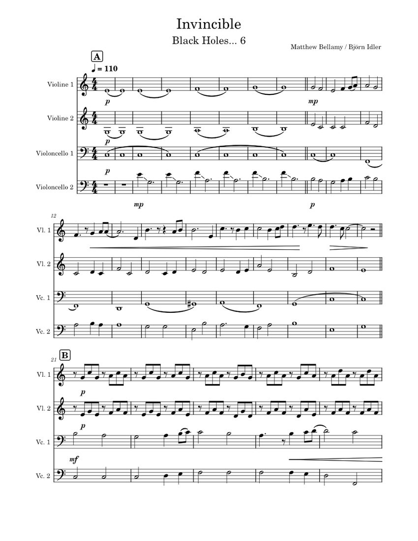 Muse - Invincible Sheet Music for Violin, Cello (String Quartet ...