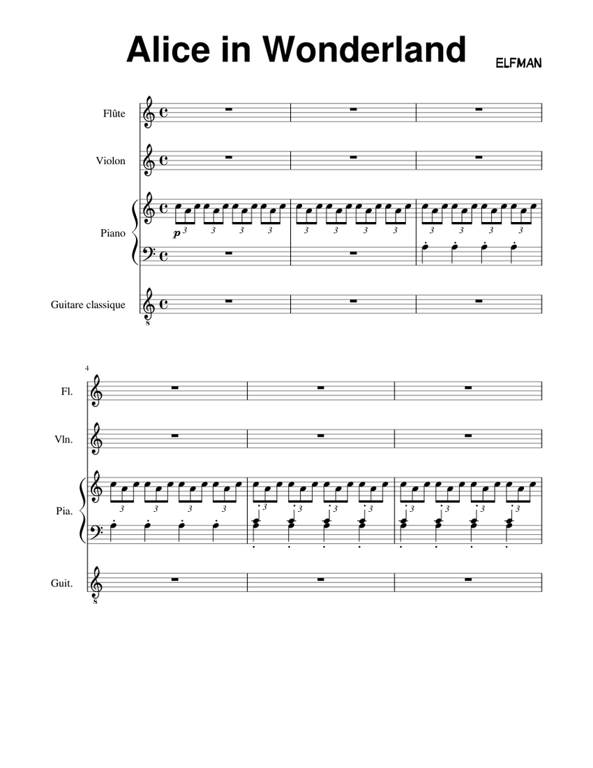 Alice in Wonderland Sheet Music for Piano, Flute, Violin, Guitar (Mixed ...