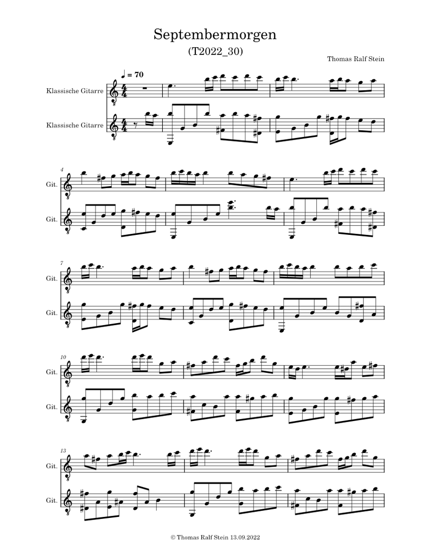 Septembermorgen - Thomas Ralf Stein Sheet music for Guitar (String Duet ...
