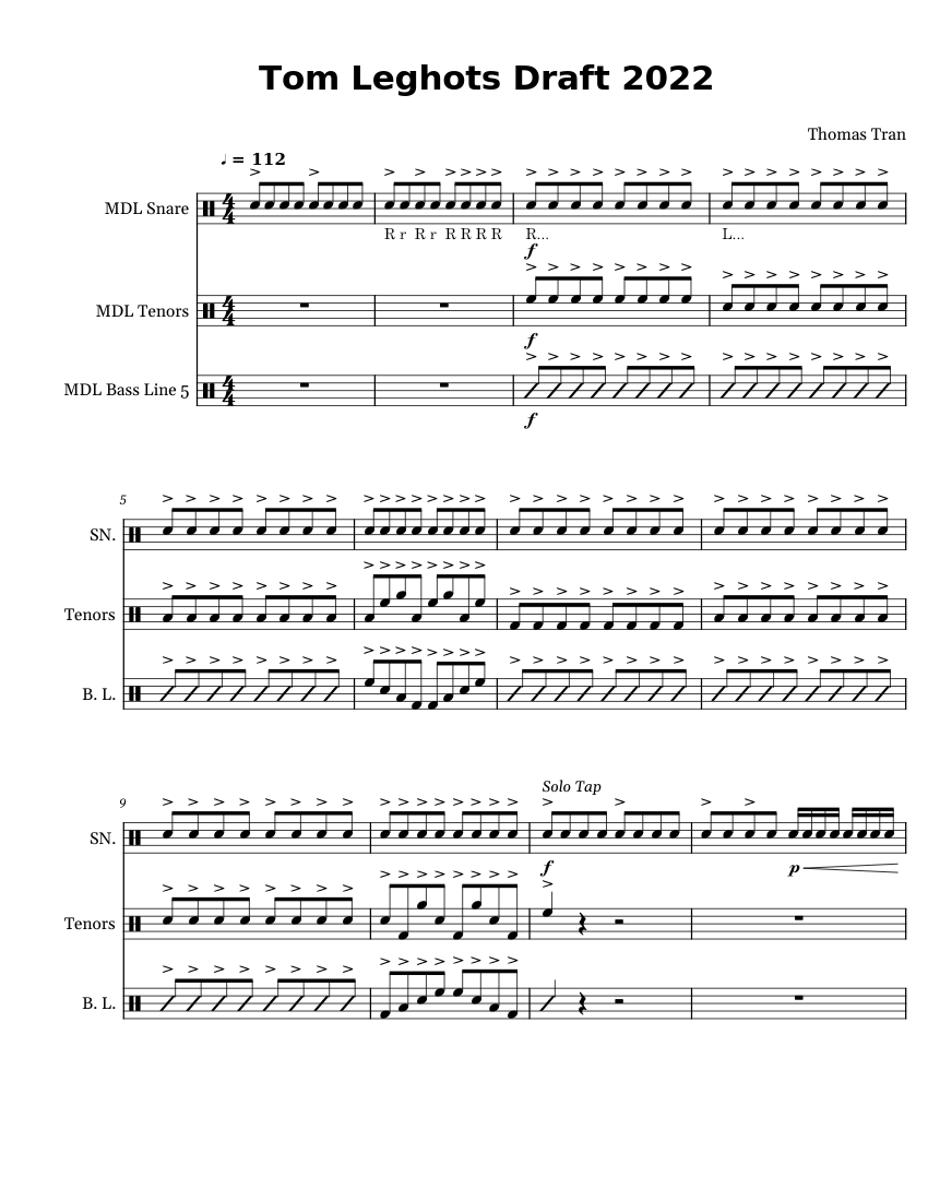 Tom Leghots Draft 2 Sheet music for Snare drum, Tenor drum, Bass drum ...
