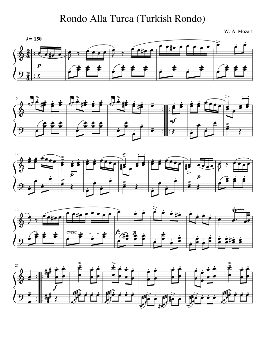 Rondo Alla Turca (Turkish Rondo) By W.A Mozart Sheet Music for Piano ...