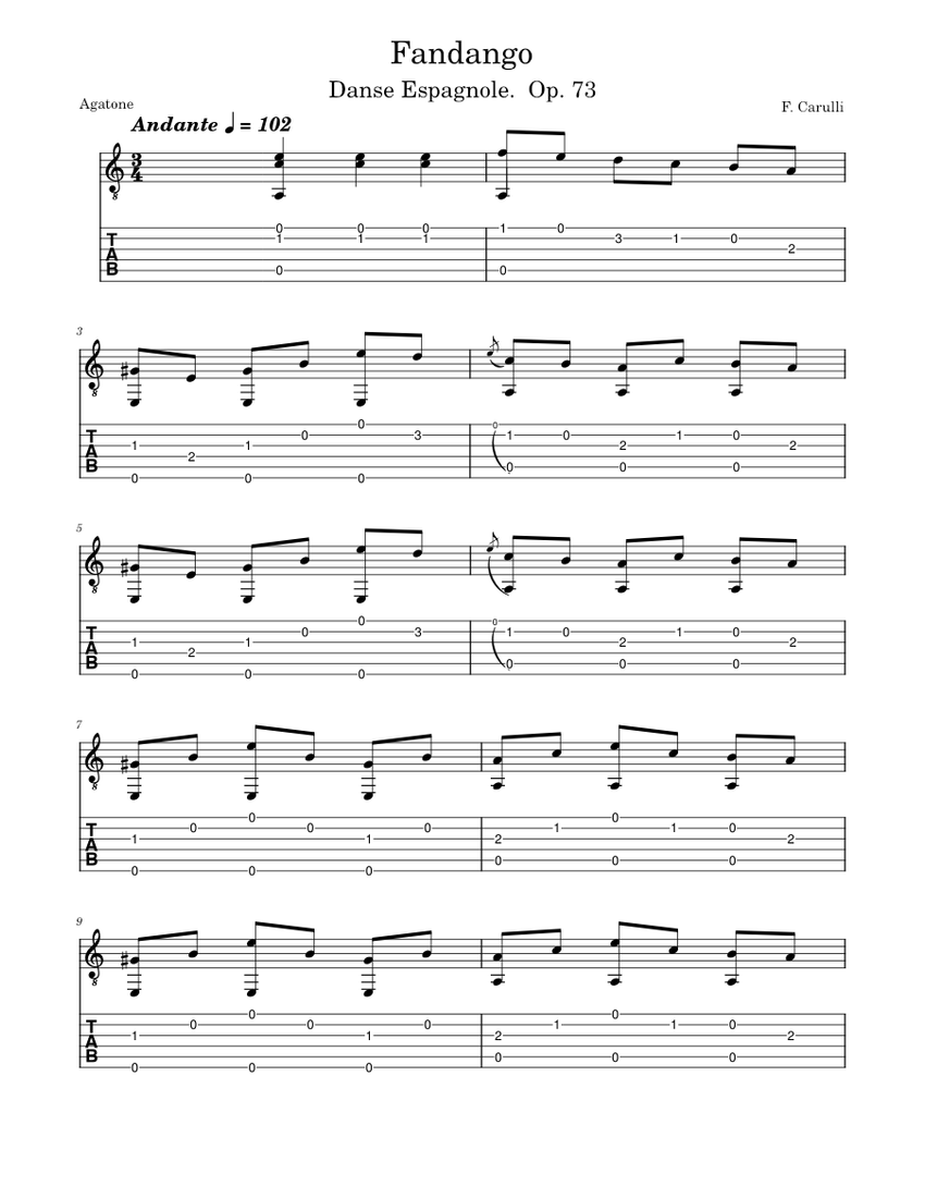 Fandango - Danse Espagnole. Op. 73 – Ferdinando Carulli Sheet Music for ...