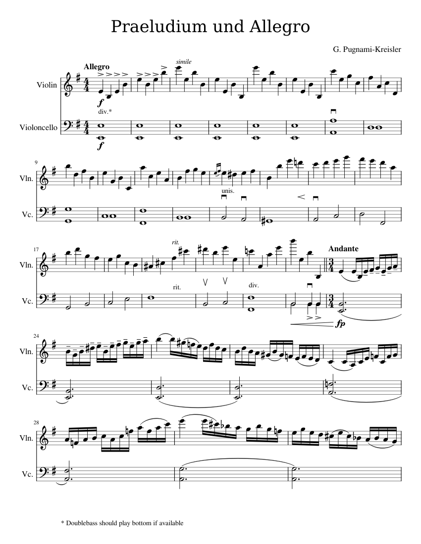 Praeludium and Allegro Sheet Music for Violin, Cello (String Duet ...