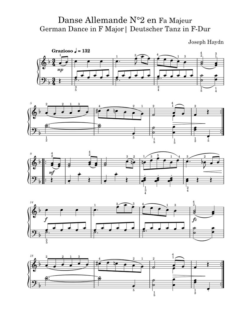 Danse Allemande en Fa Majeur – Joseph Haydn Sheet music for Piano (Solo ...