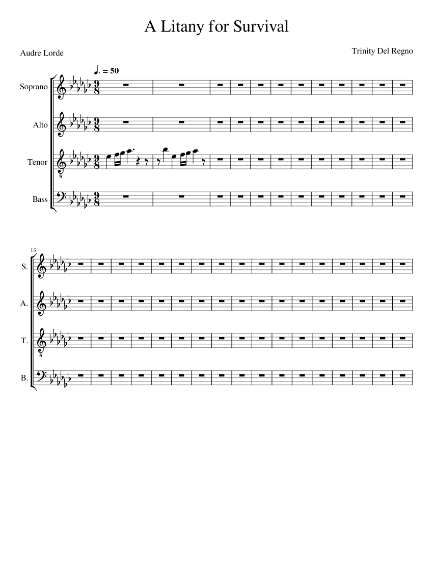A Litany for Survival Sheet music for Soprano, Alto, Tenor, Bass voice ...