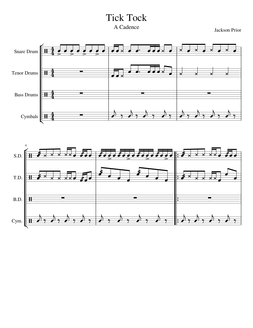 Tick Tock Sheet music for Snare drum, Crash, Tenor drum, Bass drum ...