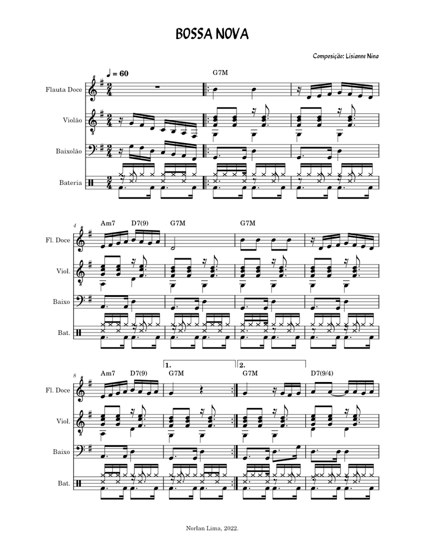 Bossa Nova Sheet Music with Chords for Guitar, Bass guitar, Drum group ...