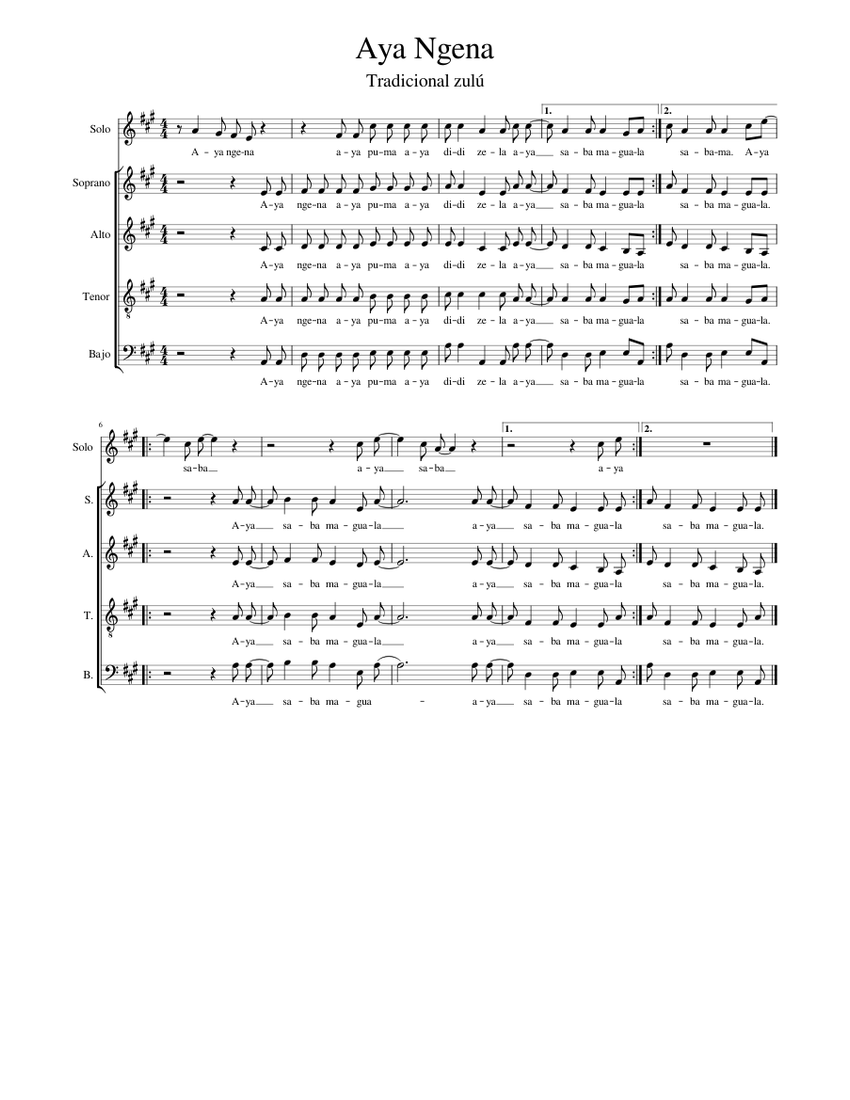Aya Ngena SSATB Sheet Music for Soprano, Alto, Tenor, Bass voice & more instruments (SATB ...