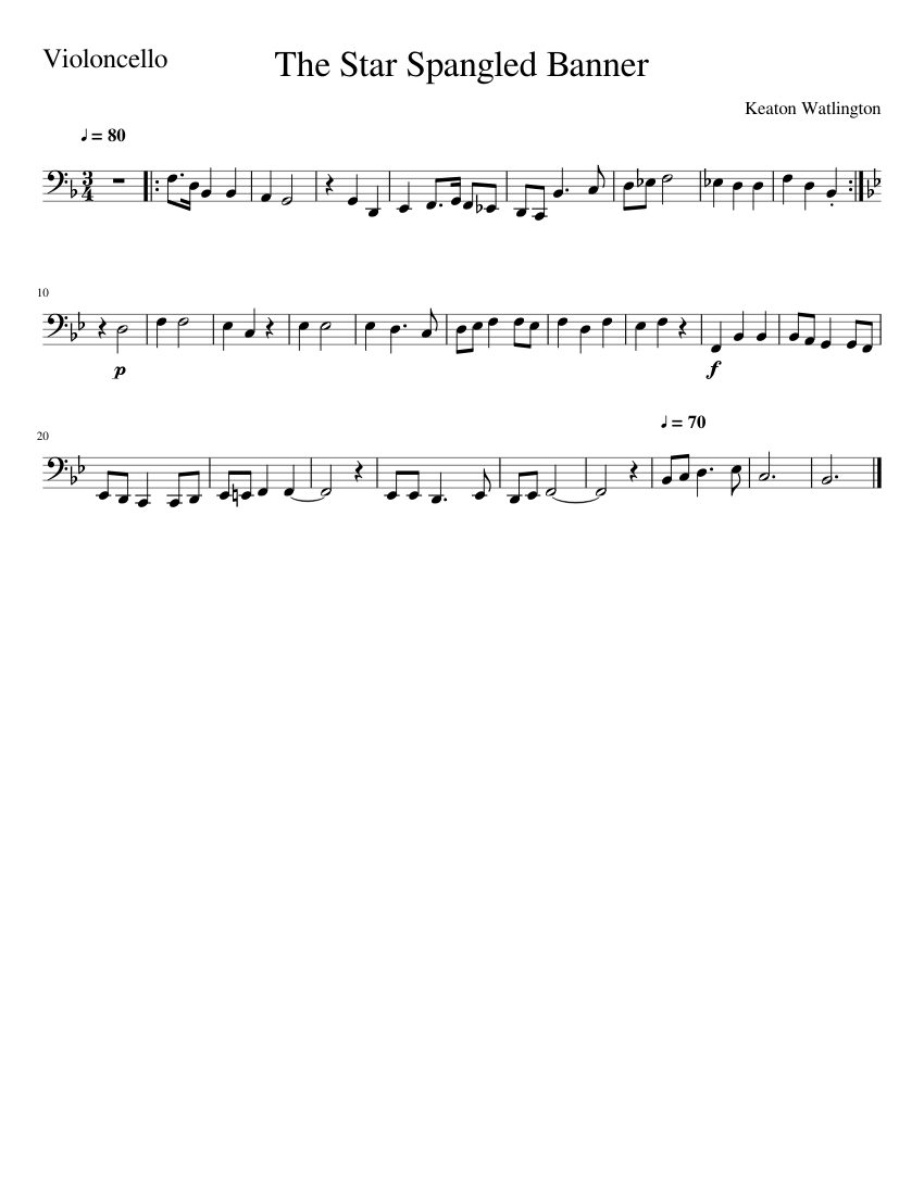 The Star Spangled Banner- Cello Sheet Music for Cello (Solo ...