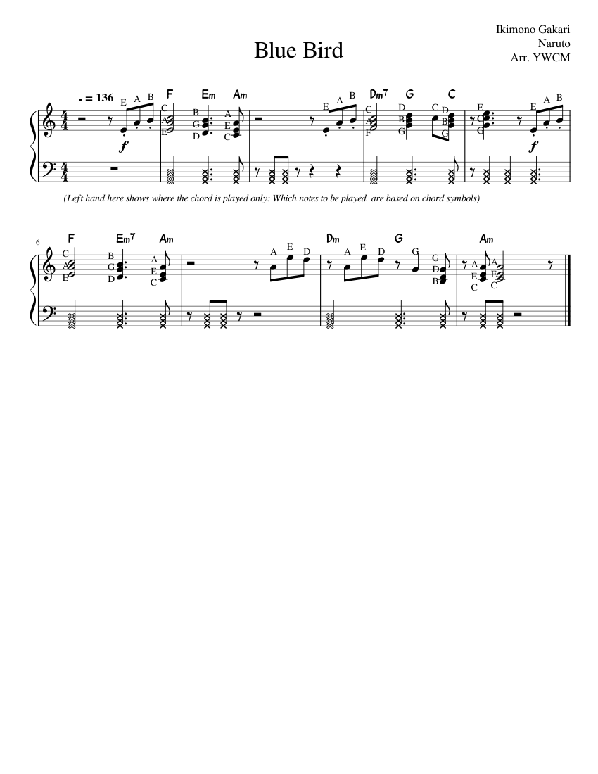 Blue Bird Ikimono Gakari - YWCM - -8 Note names Sheet Music with Chords ...