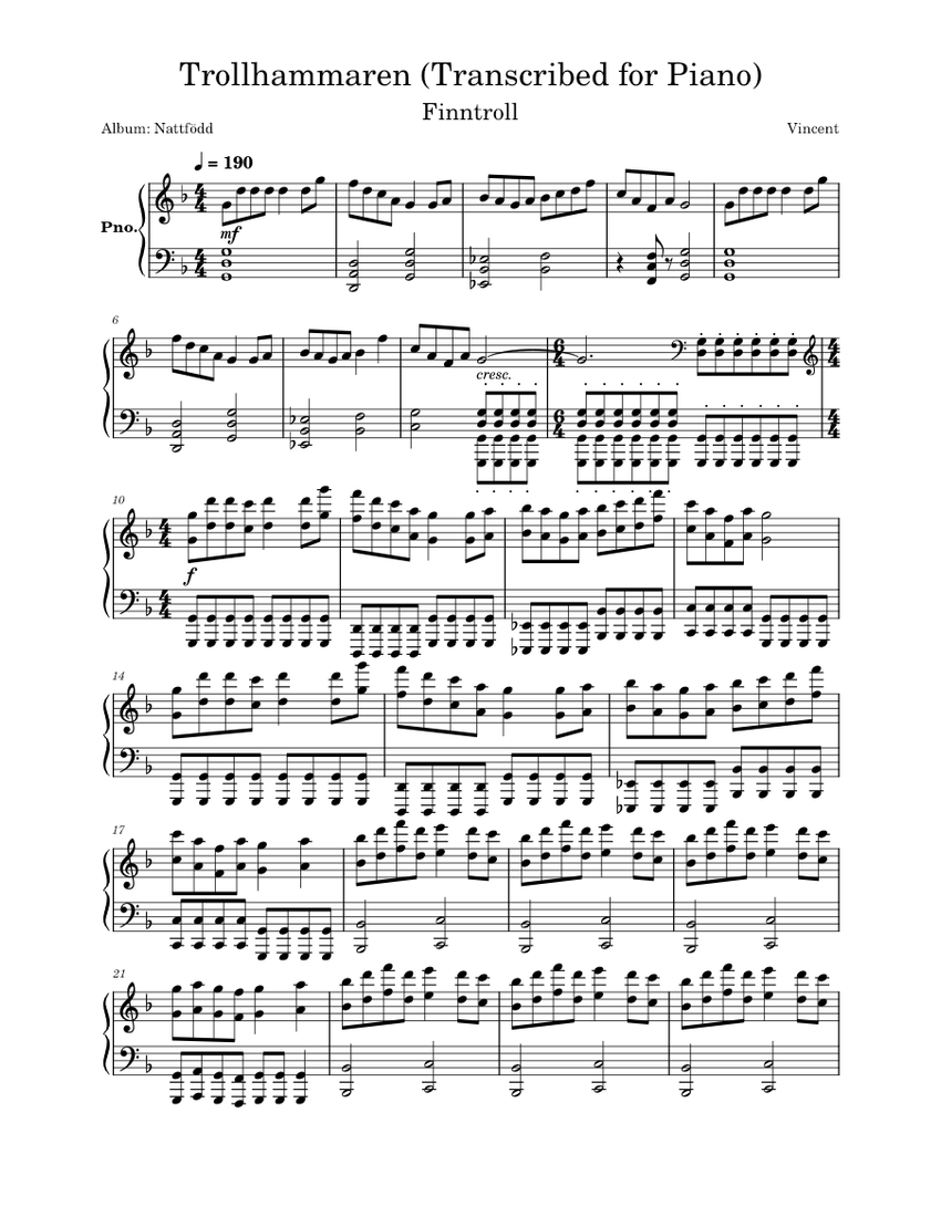 Finntroll - Trollhammaren (Transcribed for Piano) Sheet Music for Piano ...