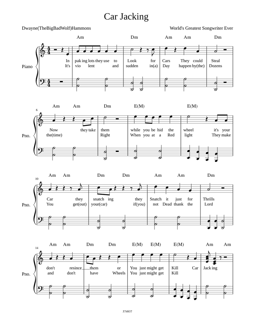 Car Jacking Sheet Music with Chords for Piano (Solo) Easy | MuseScore.com