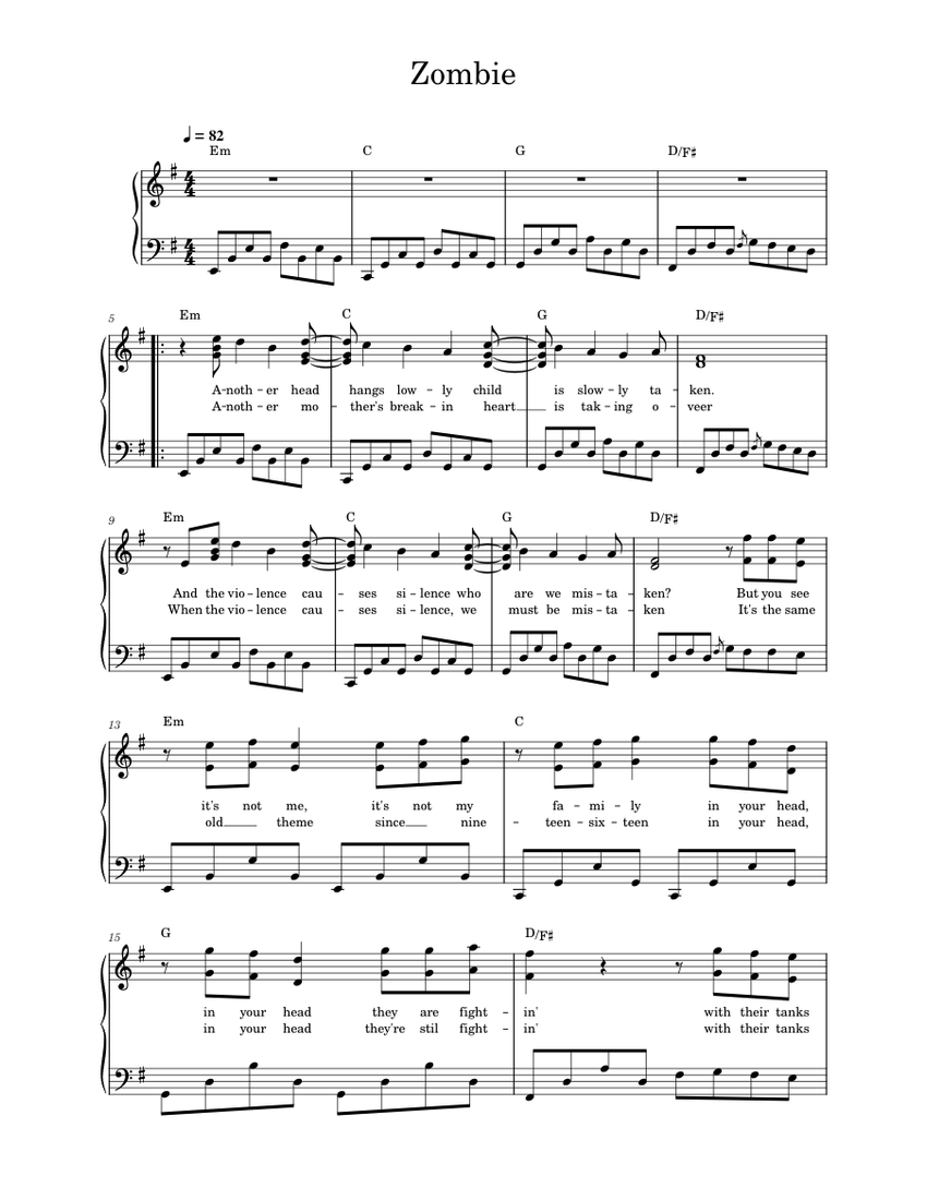 Zombie – The Cranberries Sheet Music with Chords for Piano (Solo) easy ...