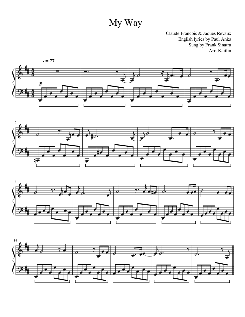My Way - Piano Solo - Frank Sinatra Sheet Music for Piano (Solo ...