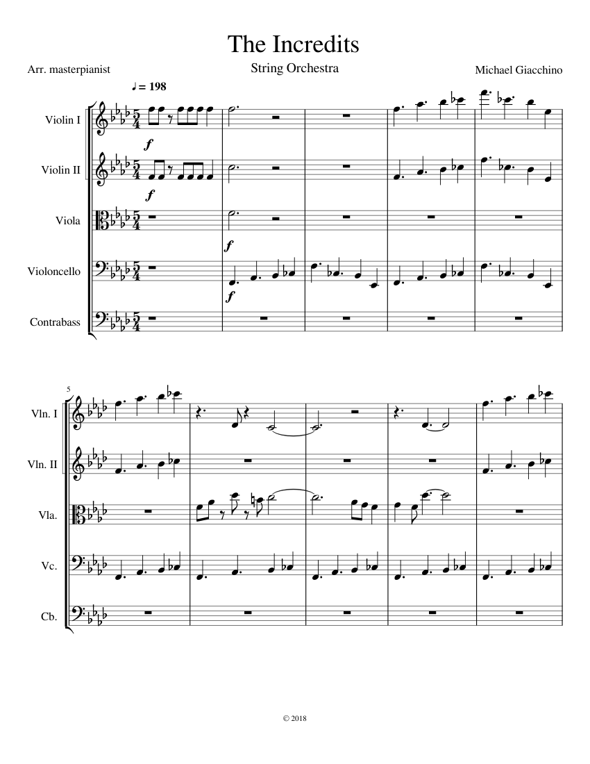 The Incredits Sheet music for Contrabass, Violin, Viola, Cello (String ...