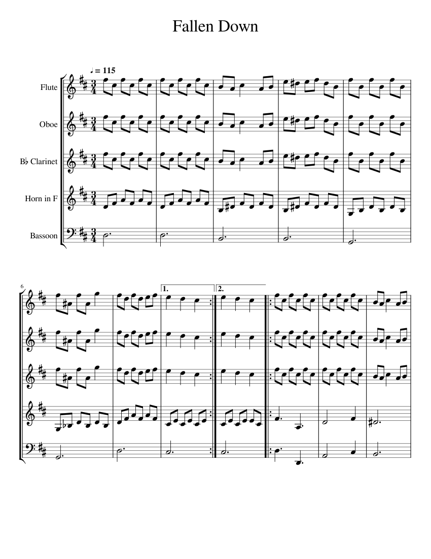 Fallen Down Sheet music for Flute, Oboe, Clarinet in b-flat, Bassoon ...