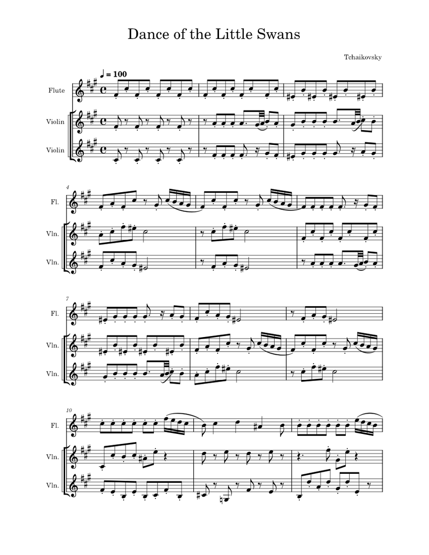 Dance of the Little Swans - Tchaikovsky Sheet Music for Flute, Violin ...
