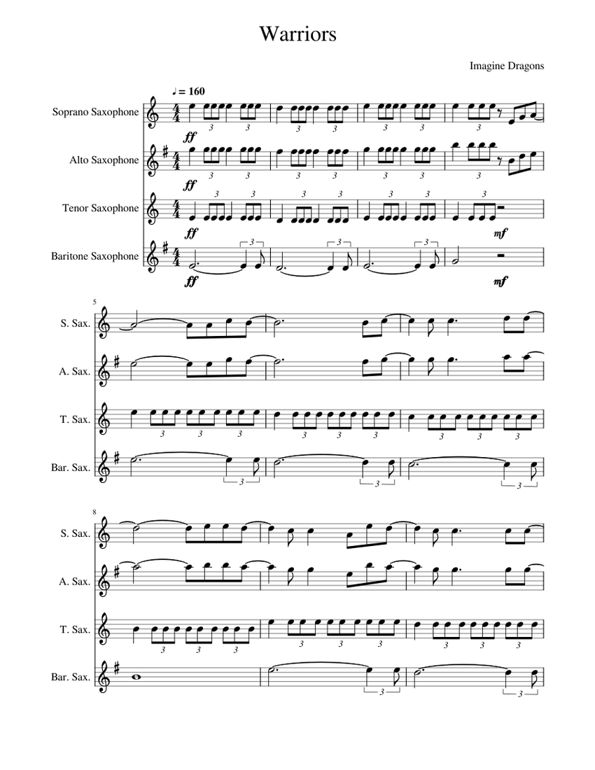 Warriors Sax Quartet Sheet Music for Saxophone alto, Saxophone tenor ...