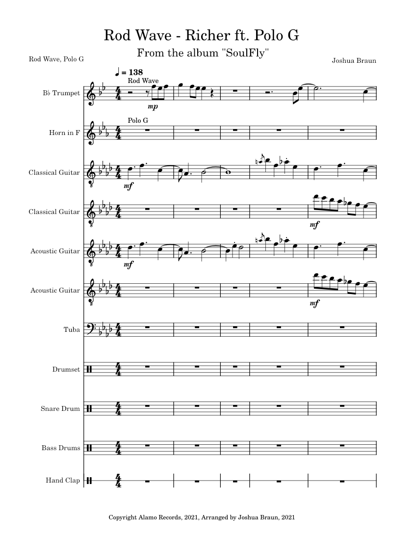 Richer ft. Polo G – Rod Wave Sheet Music for Tuba, Trumpet in b-flat ...