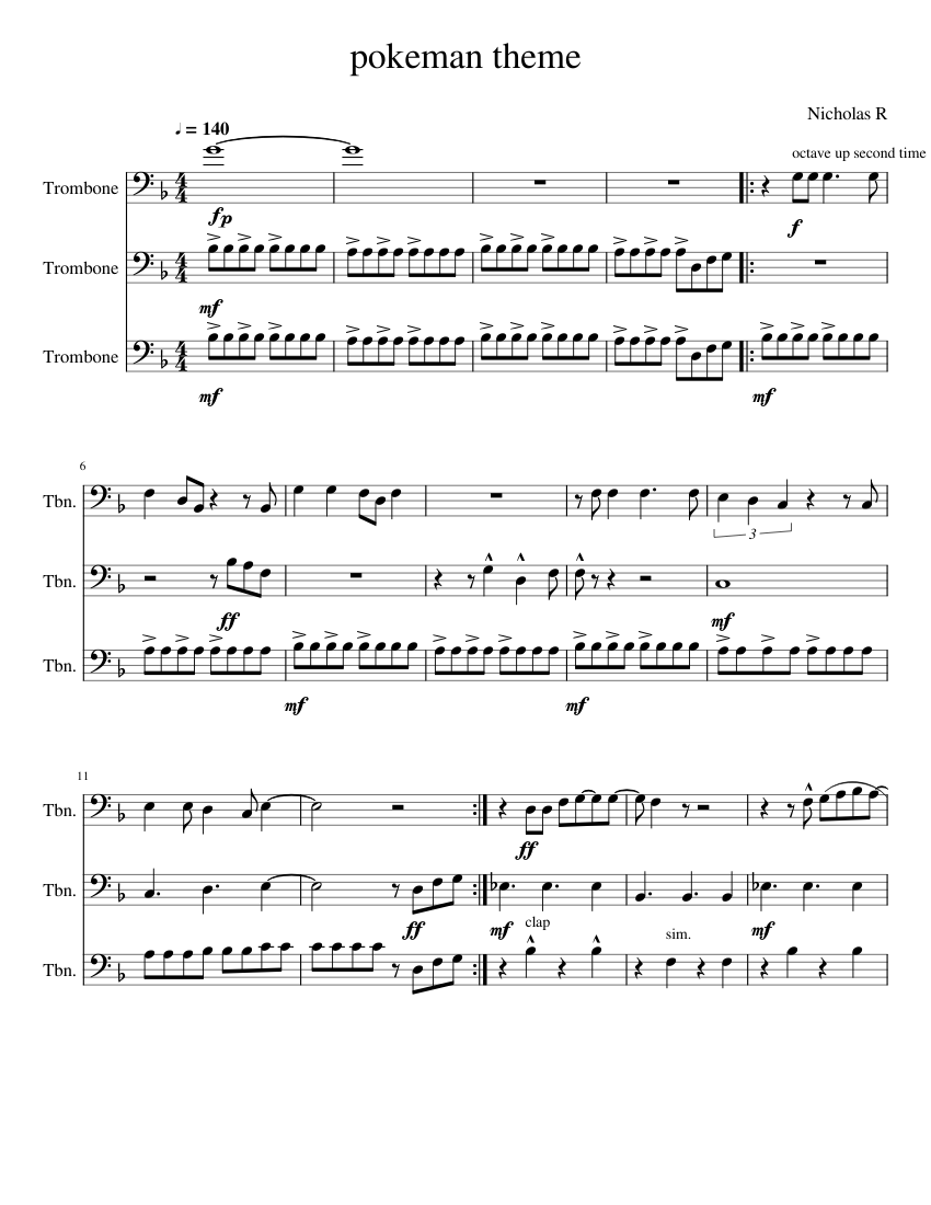pokeman theme (for trombone) Sheet music for Trombone (Mixed Trio ...