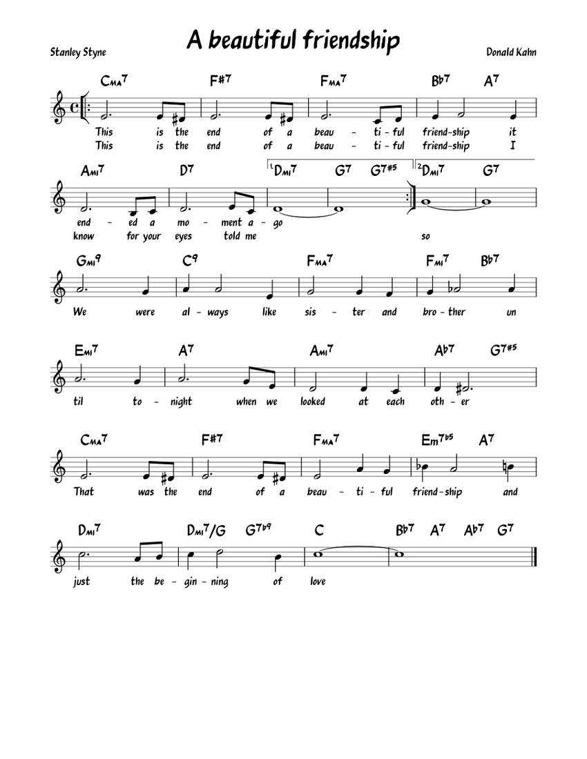 A beautiful friendship Sheet Music with Chords for Piano (Solo) easy ...