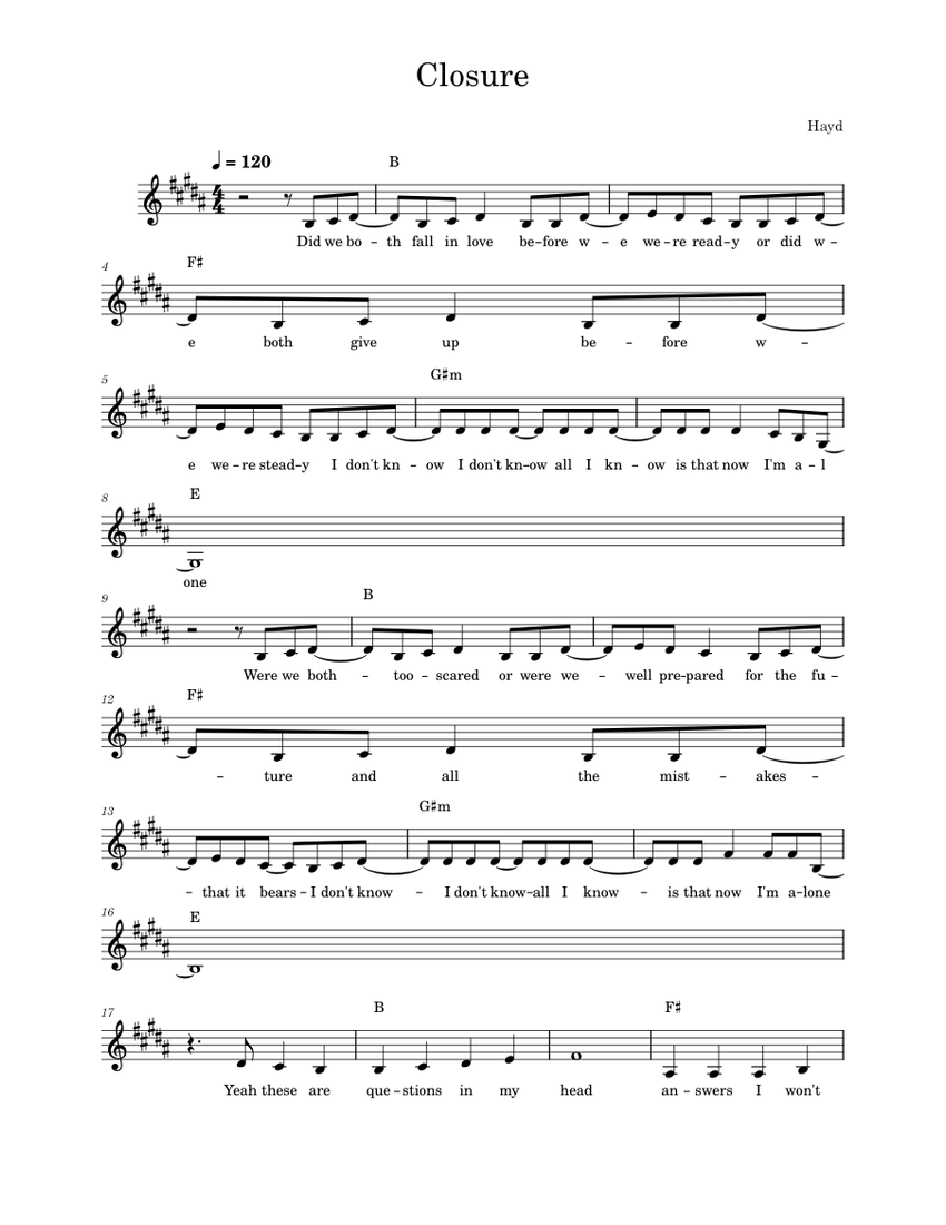 Closure – Hayd lead sheet Sheet Music with Chords for Piano (Solo) easy ...