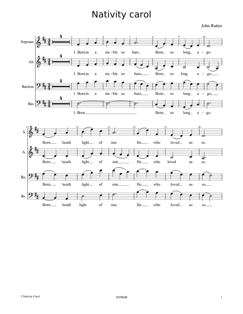 Nativity carol Sheet Music for Soprano, Alto, Bass voice, Baritone ...