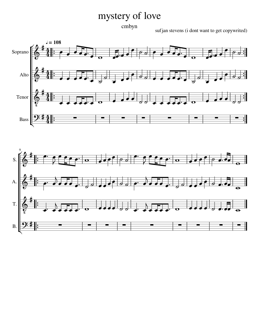mystery of love Sheet Music for Soprano, Alto, Tenor, Bass voice ...