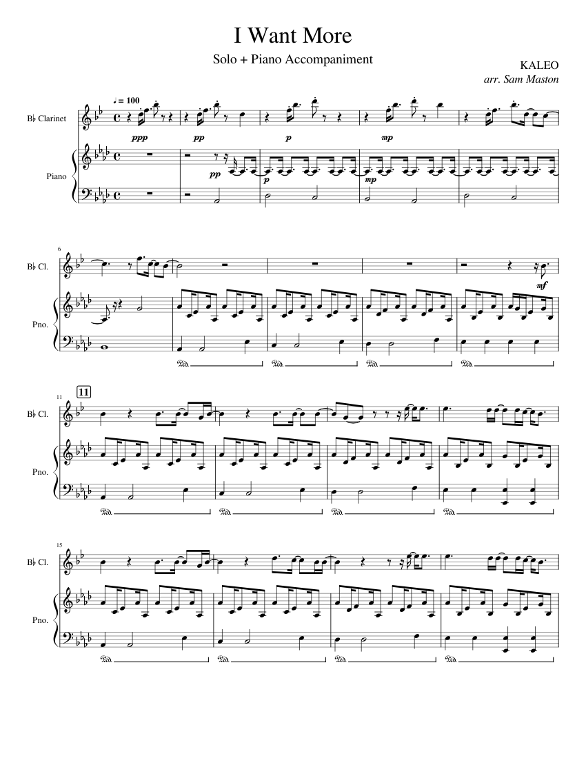 I Want More - Kaleo Sheet Music for Piano, Clarinet in b-flat (Solo ...