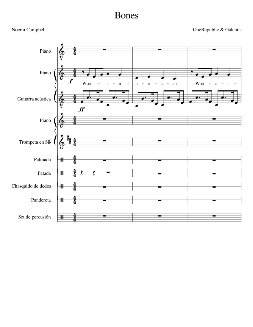 Bones Sheet Music for Piano, Tambourine, Trumpet in b-flat, Guitar ...