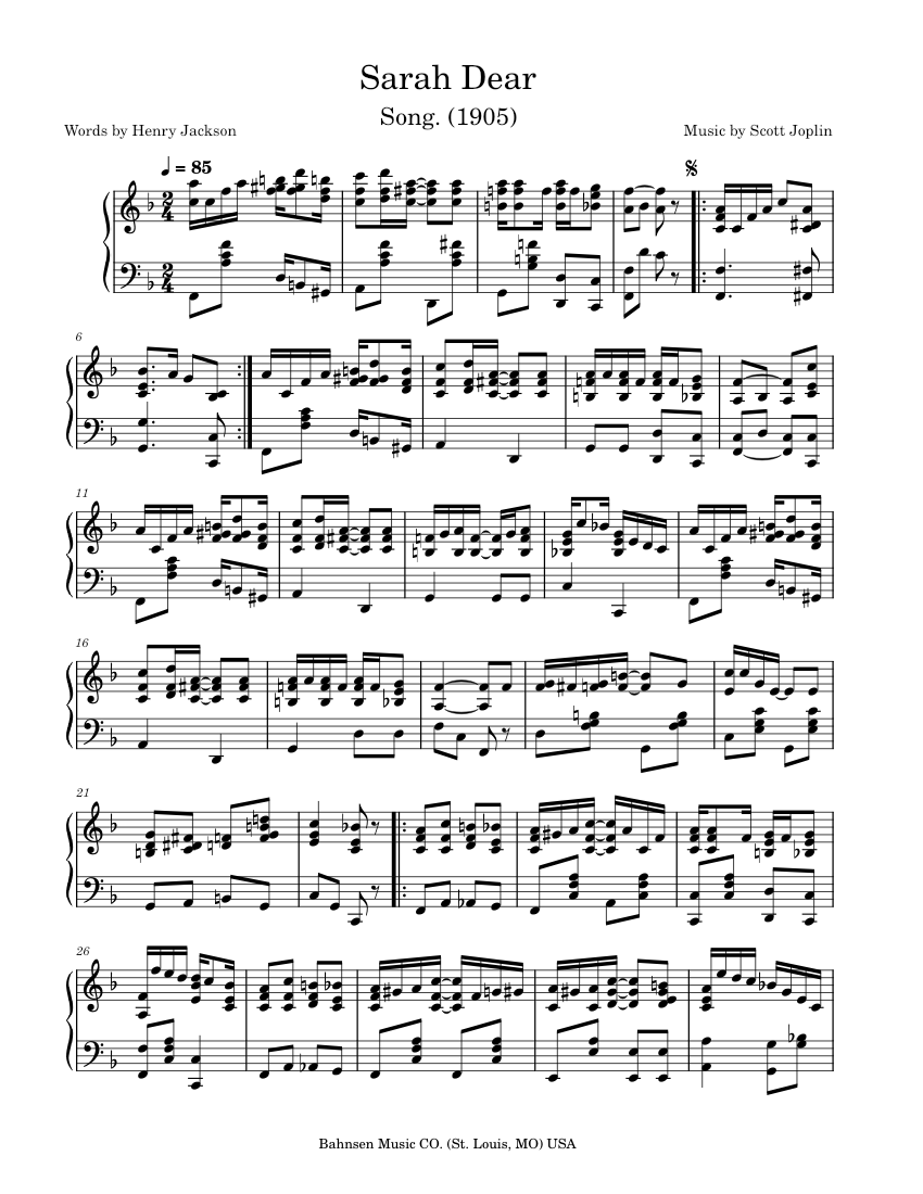 Sarah Dear - Music by Scott Joplin (1905) Sheet music for Piano (Solo ...