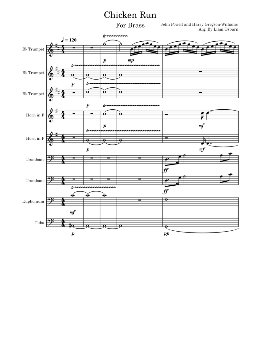 Chicken Run Theme Sheet Music for Trombone, Euphonium, Tuba, Trumpet in ...