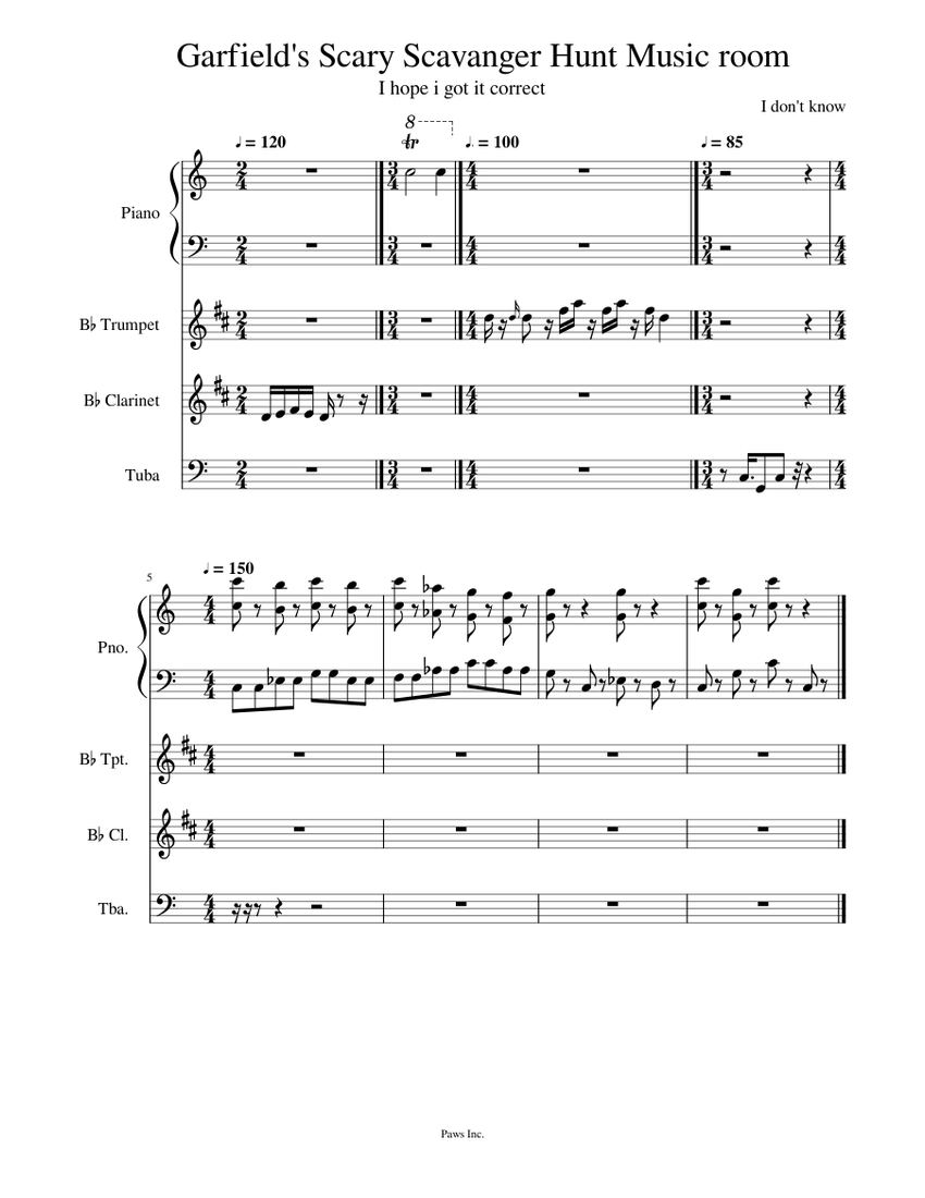 Garfield's Scary Scavenger Hunt Music room sounds Sheet Music for Piano ...
