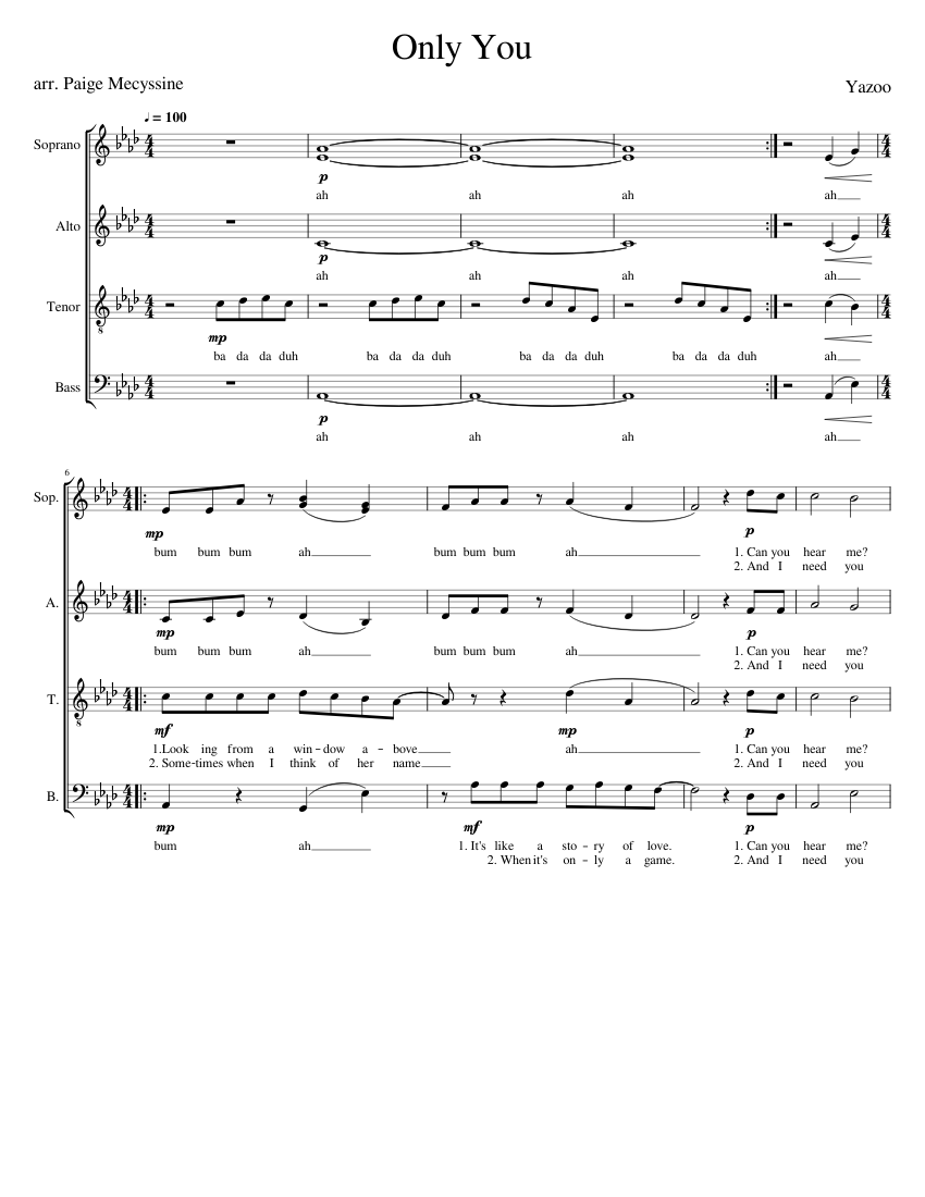 Only You- Yazoo SATB A cappella Sheet Music for Piano (Mixed Quartet ...