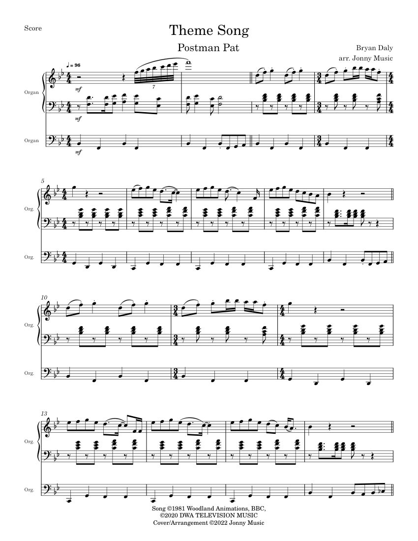 Postman Pat Theme Song Organ Cover Sheet music for Organ (Solo ...