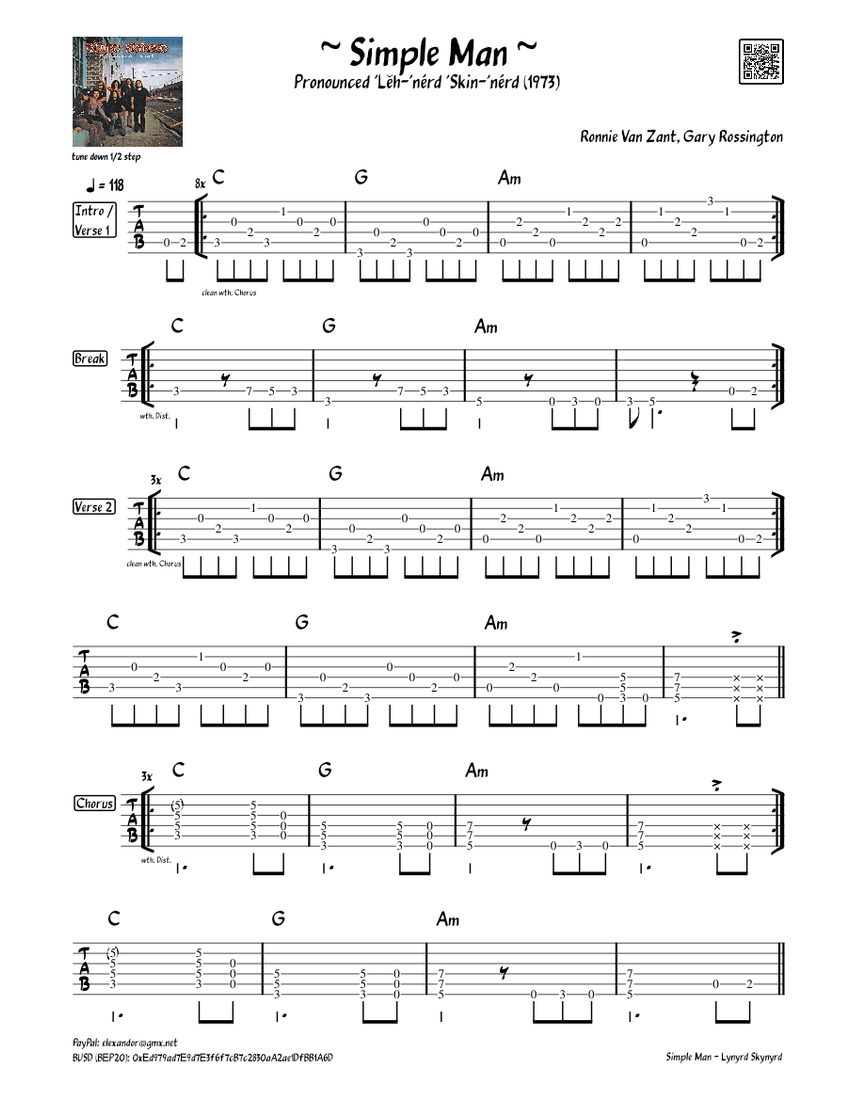 Lynyrd Skynyrd - Simple Man - Guitar Lead Sheet Sheet Music and Tab ...