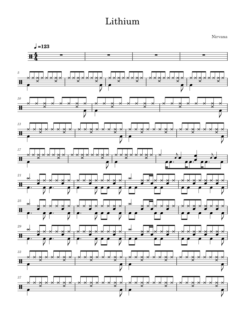Lithium – Nirvana Sheet Music for Drum group (Solo) | MuseScore.com