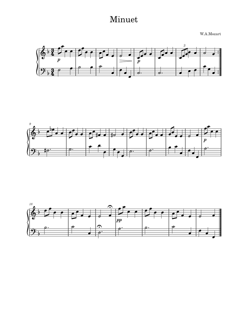 Minuet – Wolfgang Amadeus Mozart Sheet music for Piano (Solo) Easy ...