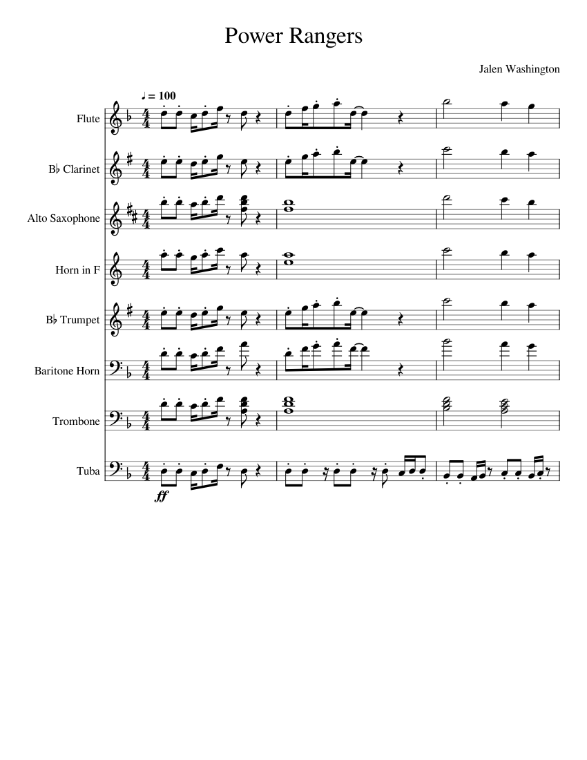 Power Rangers Sheet music for Trombone, Tuba, Flute, Clarinet in b-flat ...