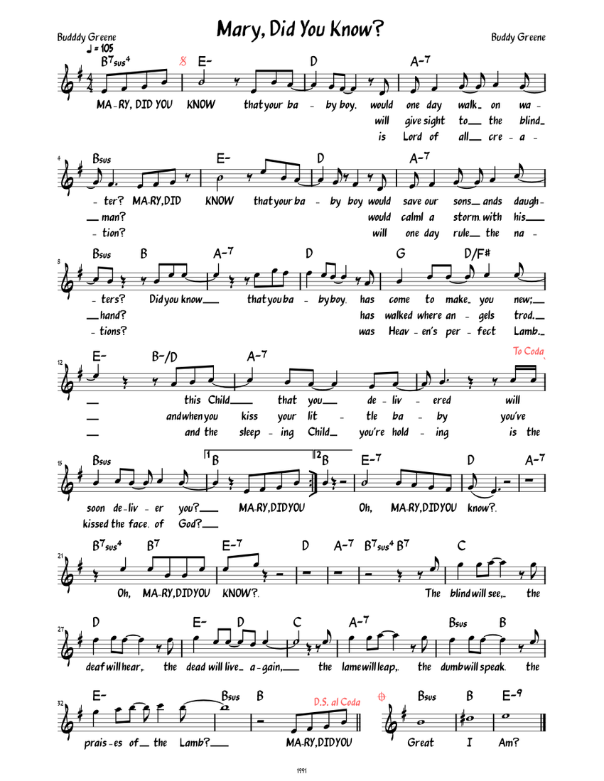 Mary, Did You Know? (Lead sheet with lyrics ) Sheet Music with Chords ...