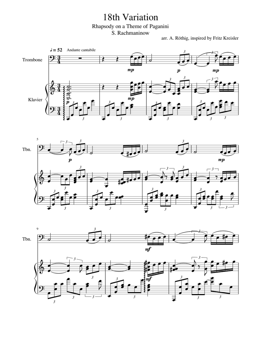 Rachmaninow Rhapsody on a Paganini Theme 18th Variation-Trombone Sheet ...