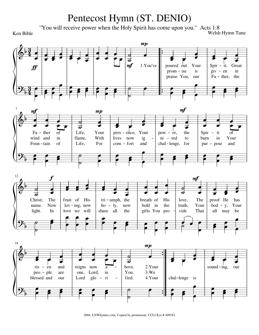 Pentecost Hymn (ST. DENIO) Sheet Music for Piano (Solo) easy ...