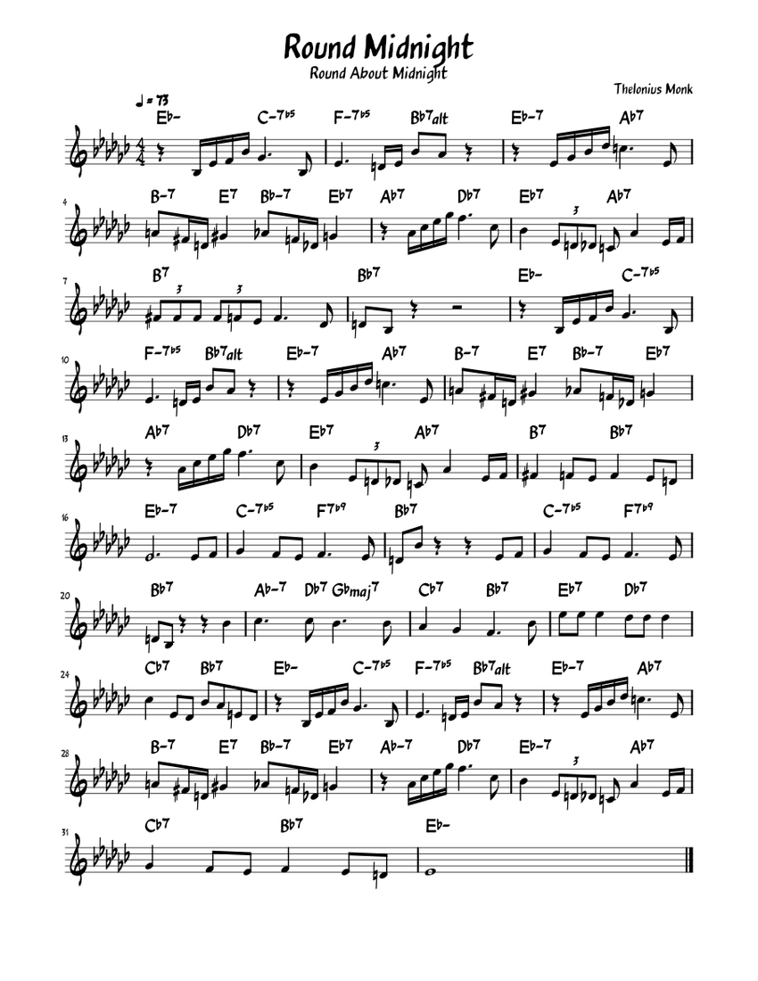 Round Midnight Sheet Music with Chords for Piano (Piano-Voice-Guitar ...