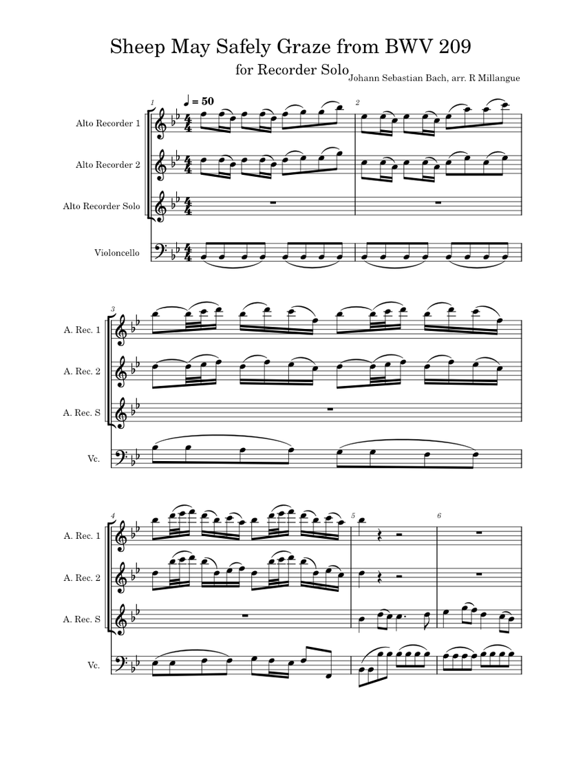 Sheep May Safely Graze, BWV 208 (Recorder Solo) Sheet Music for Cello ...