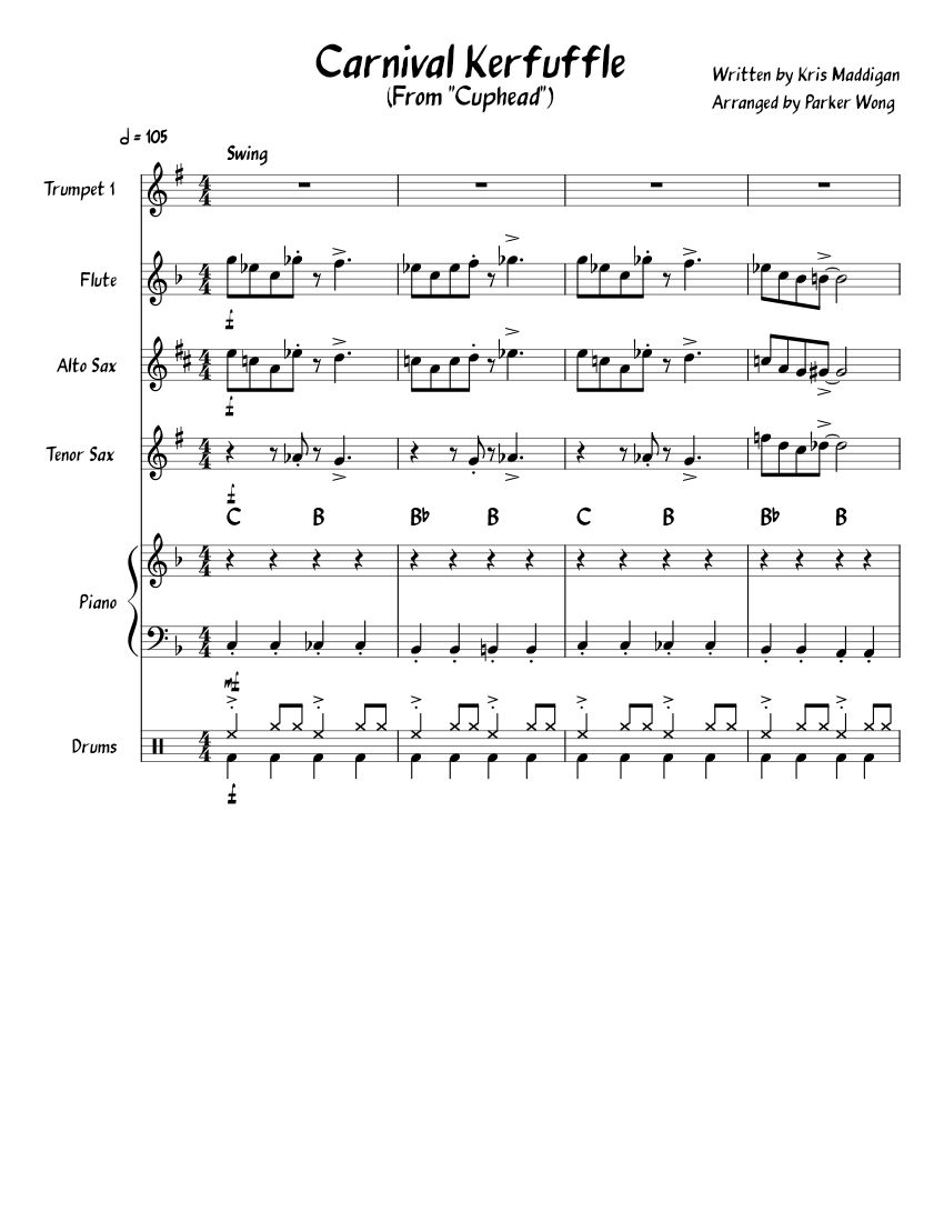 Carnival Kerfuffle Cuphead Jazz Band Sheet music for Piano, Flute ...