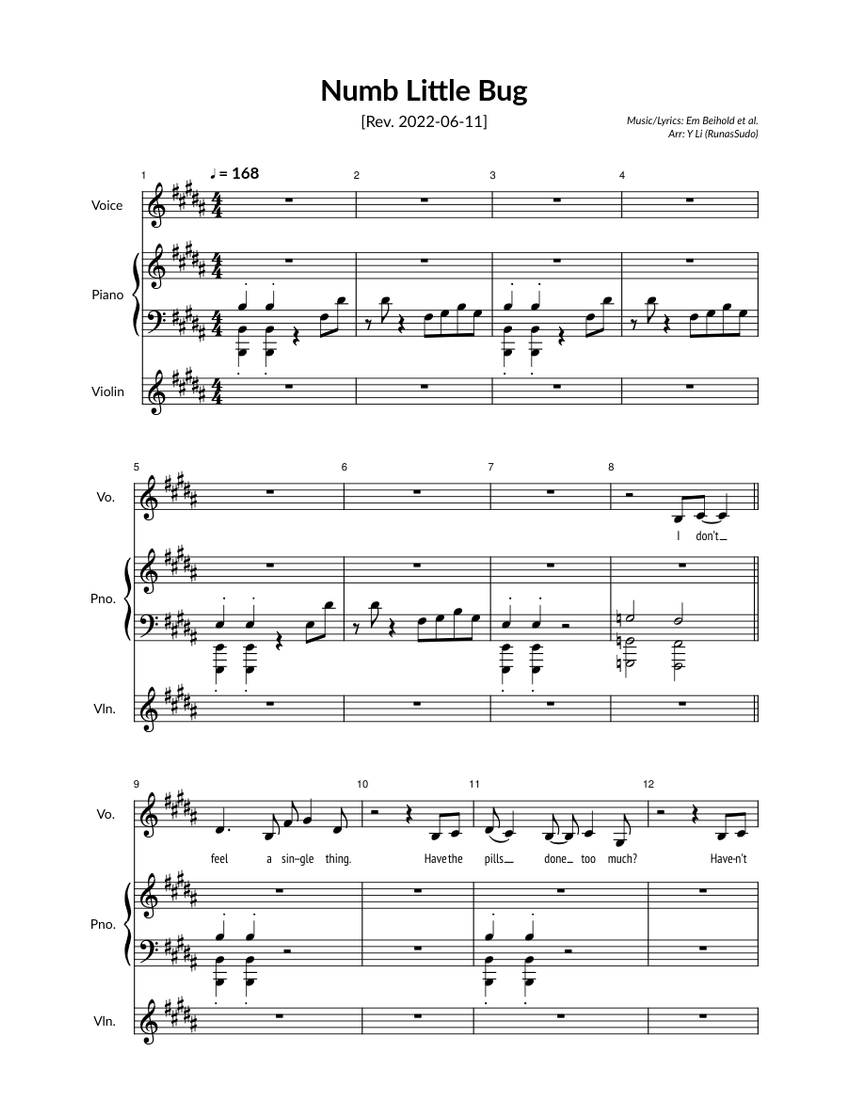 Numb Little Bug – Em Beihold Sheet Music with Chords for Piano, Vocals ...