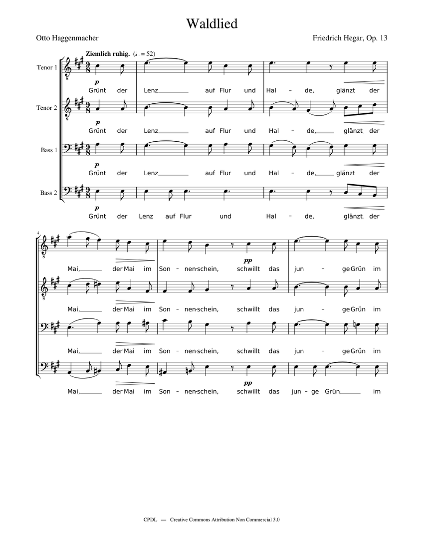 Waldlied, Op. 13 - Friedrich Hegar Sheet music for Bass guitar (Mixed ...