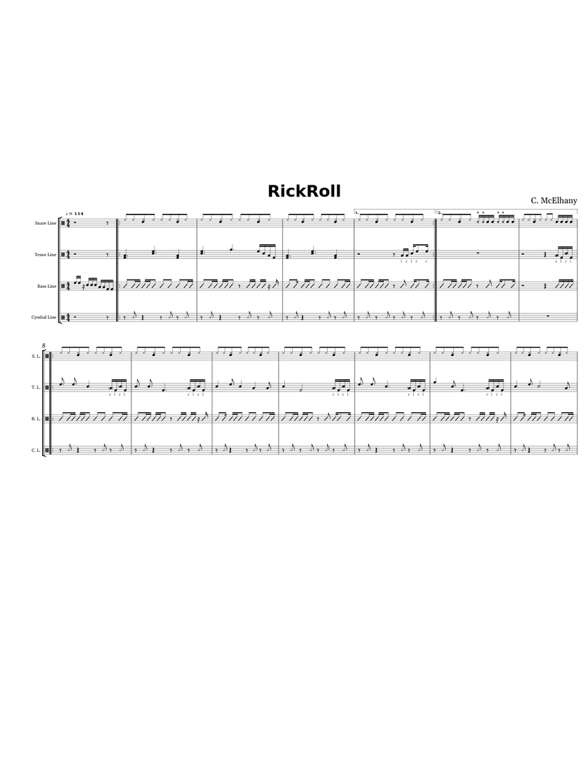 Never gonna give you up – Rick Astley Drumline Cadence Sheet Music for ...