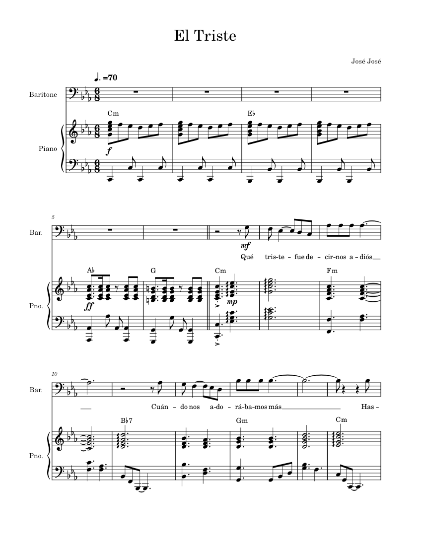 El triste – José José Sheet Music for Piano, Baritone (Piano-Voice ...