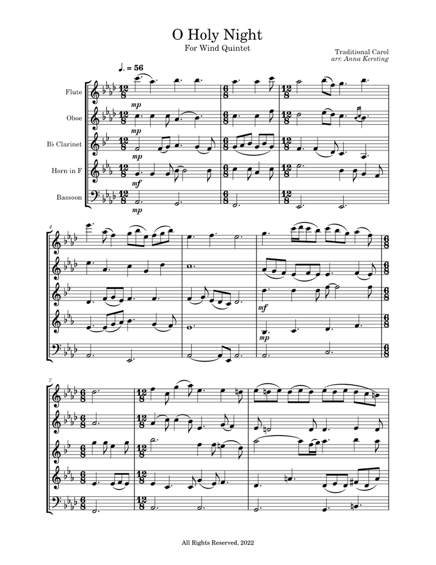 O Holy Night for Wind Quintet by Anna Kersting Sheet music for Flute ...